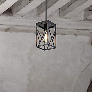 Modern Black Pendant Light with Metal Cage, One-Light Adjustable Rods Industrial Mini Pendant Lighting Fixture for Kitchen Island Cafe Bar Farmhouse, Black