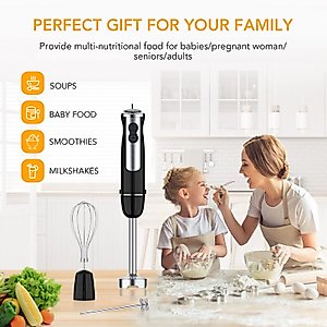 Adoolla 5-in-1 800 Watt Immersion Hand Blender Multi-Purpose, Stainless Steel 12 Speed and Turbo Mode Hand Mixer, 600ml Mixing Beaker, BPA-Free with Whisk, Milk Frother Attachments