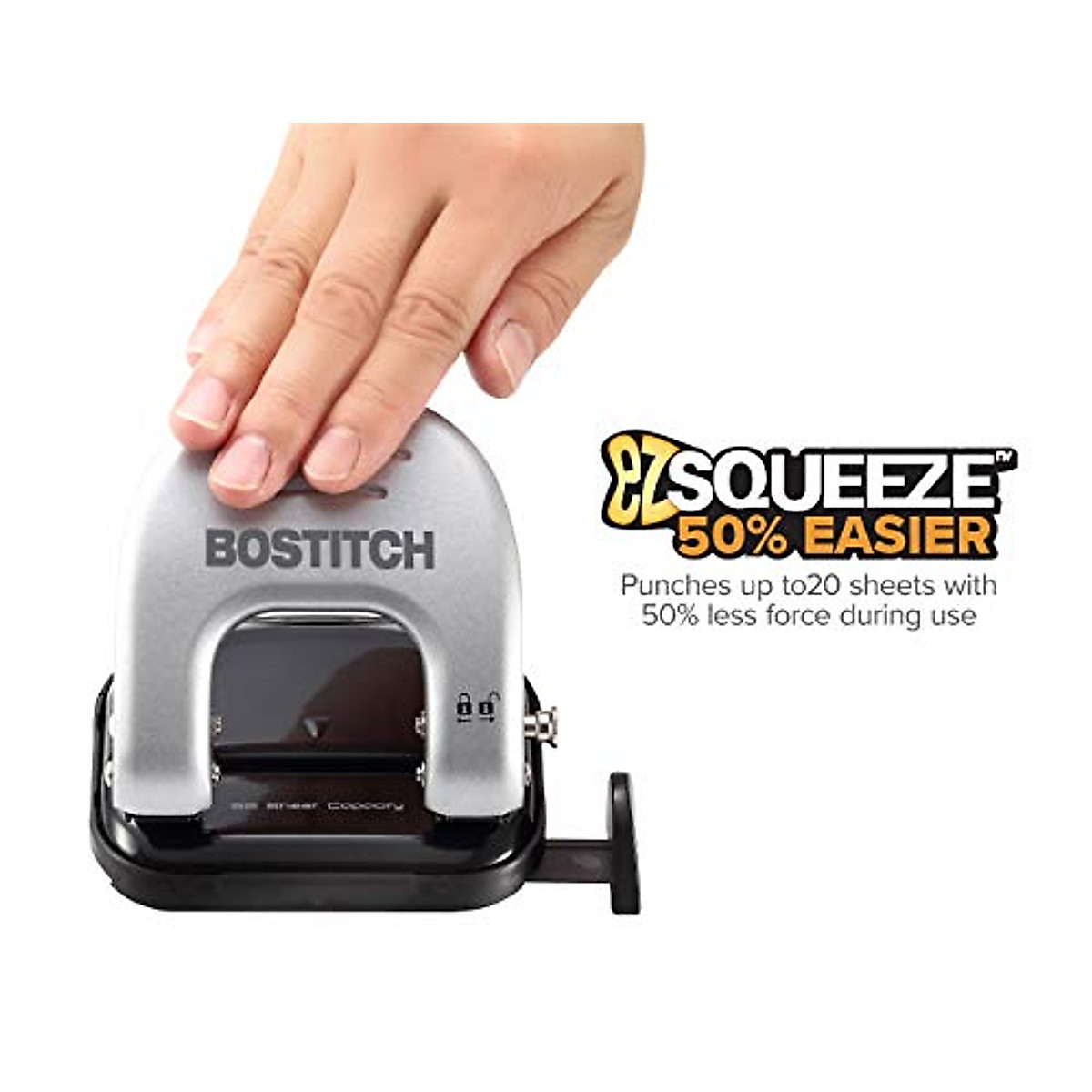 Bostitch Office EZ Squeeze Reduced Effort 2-Hole Punch, 20 Sheets, Locking Handle, Silver (2310)
