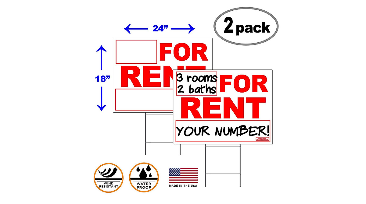 For Rent Yard Signs - Double Sided 24x18 Plastic Signs with Stakes
