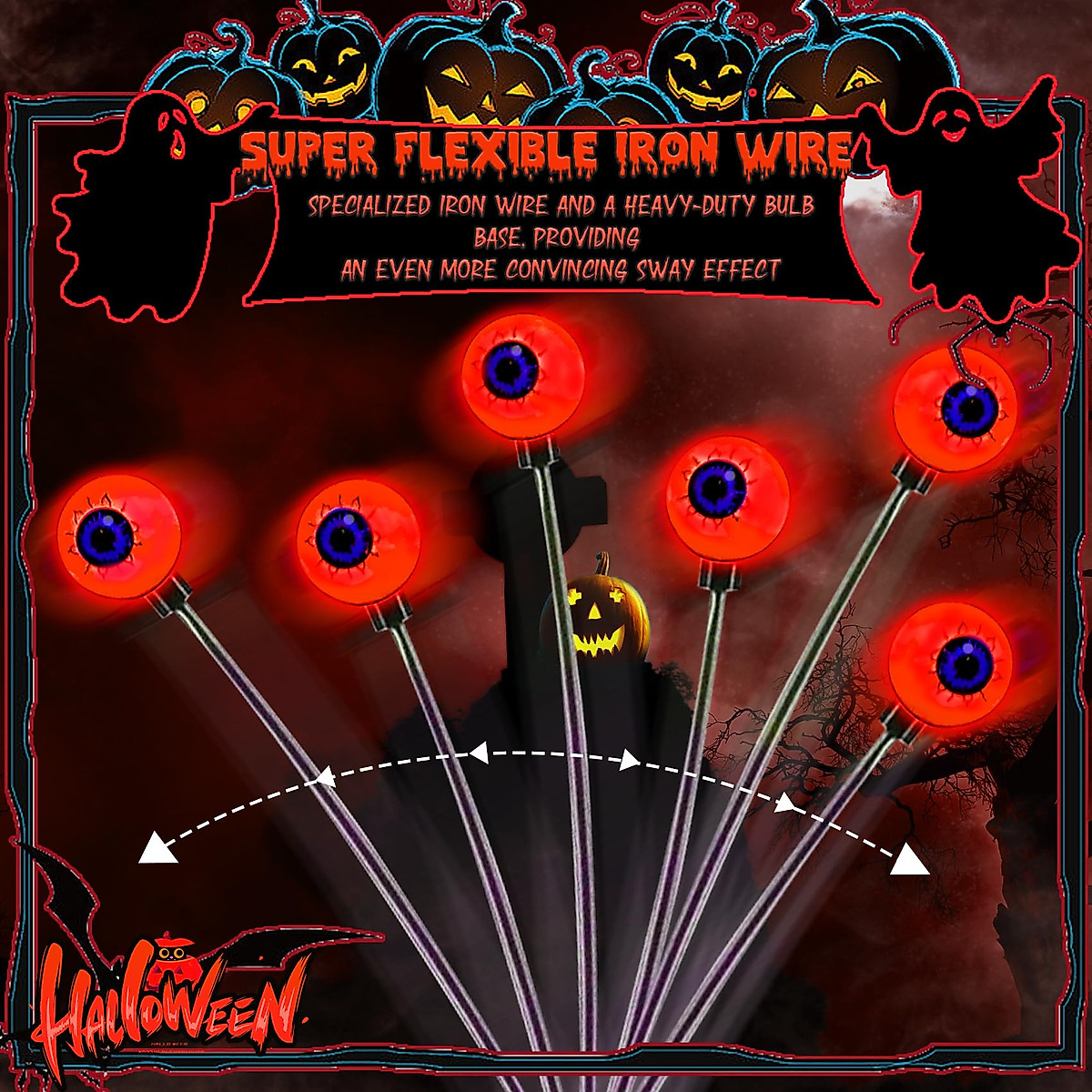 DooYard Halloween Decorations Outdoor, 2 Pack Solar Swaying Eyeball Lights, Swaying by Wind, Solar Pathway Lights, Halloween Decor with 2 Lighting Modes, Halloween Stake Lights for Garden Yard(Red)