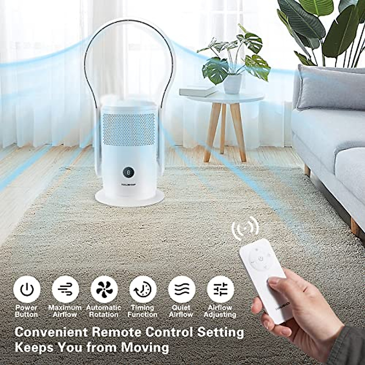 HAUSHOF Bladeless Tower Fan and Air Purifier in one, 90° Oscillating Air Conditioning Fan with Remote, 2*H13 HEPA Air Purifier, Touch Control, Floor Fan for Bedroom, Baby Room, Living Room, Office