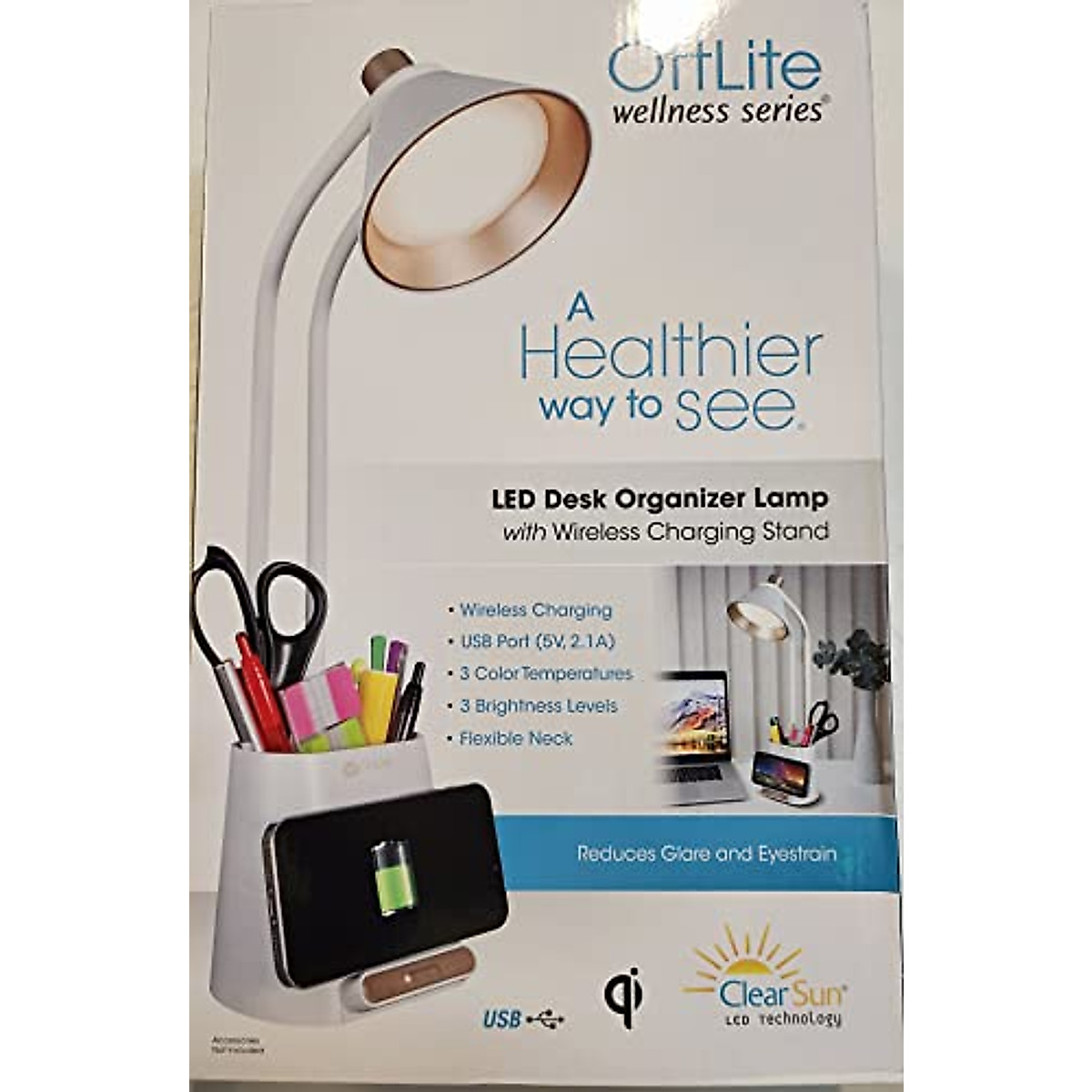 OttlLite Wellness Series LED Desk Organizer Lamp with Wireless Charging Stand
