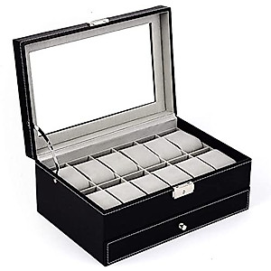 Tebery 12-Slot Watch Box Case Lockable with Glass Lid, 2 Layers Watch Holder Organizer Display with 1 Drawer for Rings and Bracelets, Gift For Boyfriend Fathers Day Birthday Gifts (Black)