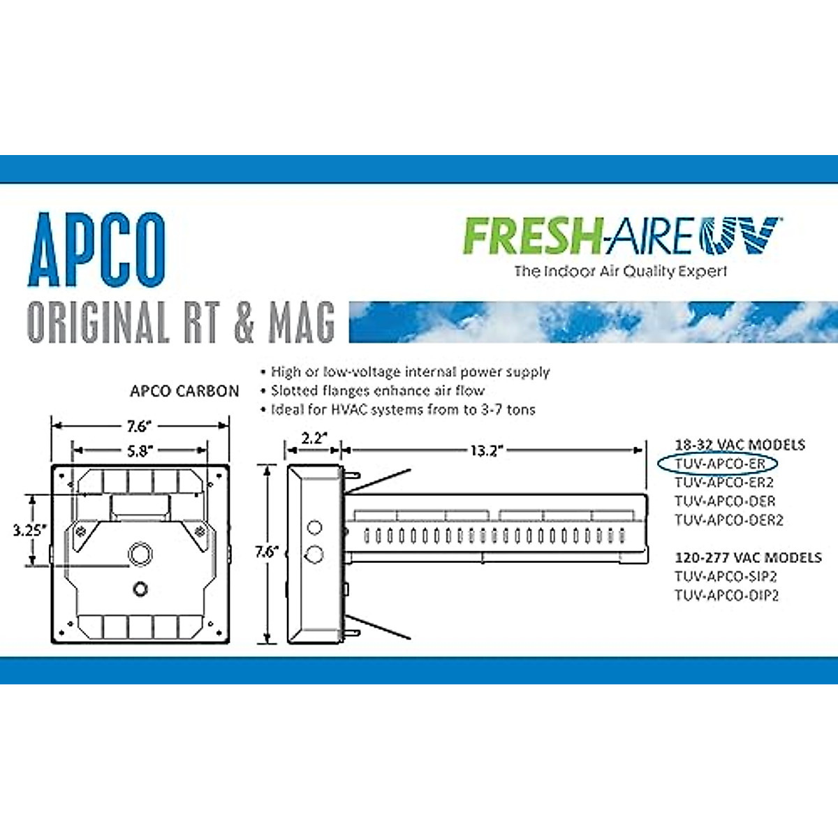 APCO Carbon Cell Matrix HVAC UV Air Purifier with Power Cord, Includes 1-Year UVC Lamp (18-32 VAC Series) # TUV-APCO-ER