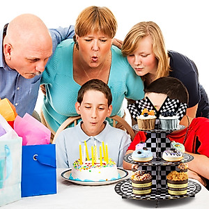 2 Set 3-Tier Race Car Cupcake Stand Round Cardboard Cupcake Tower Race Car Party Decorations Dessert Holder for Kids Boys Two Fast Birthday Baby Shower Black and White Checkered Party Supplies