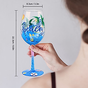 NymphFable Beach Wine Glasses 15oz Hand Painted Colorful Wine Glasses, Blue Sea Beach Themed Gift for Women Men
