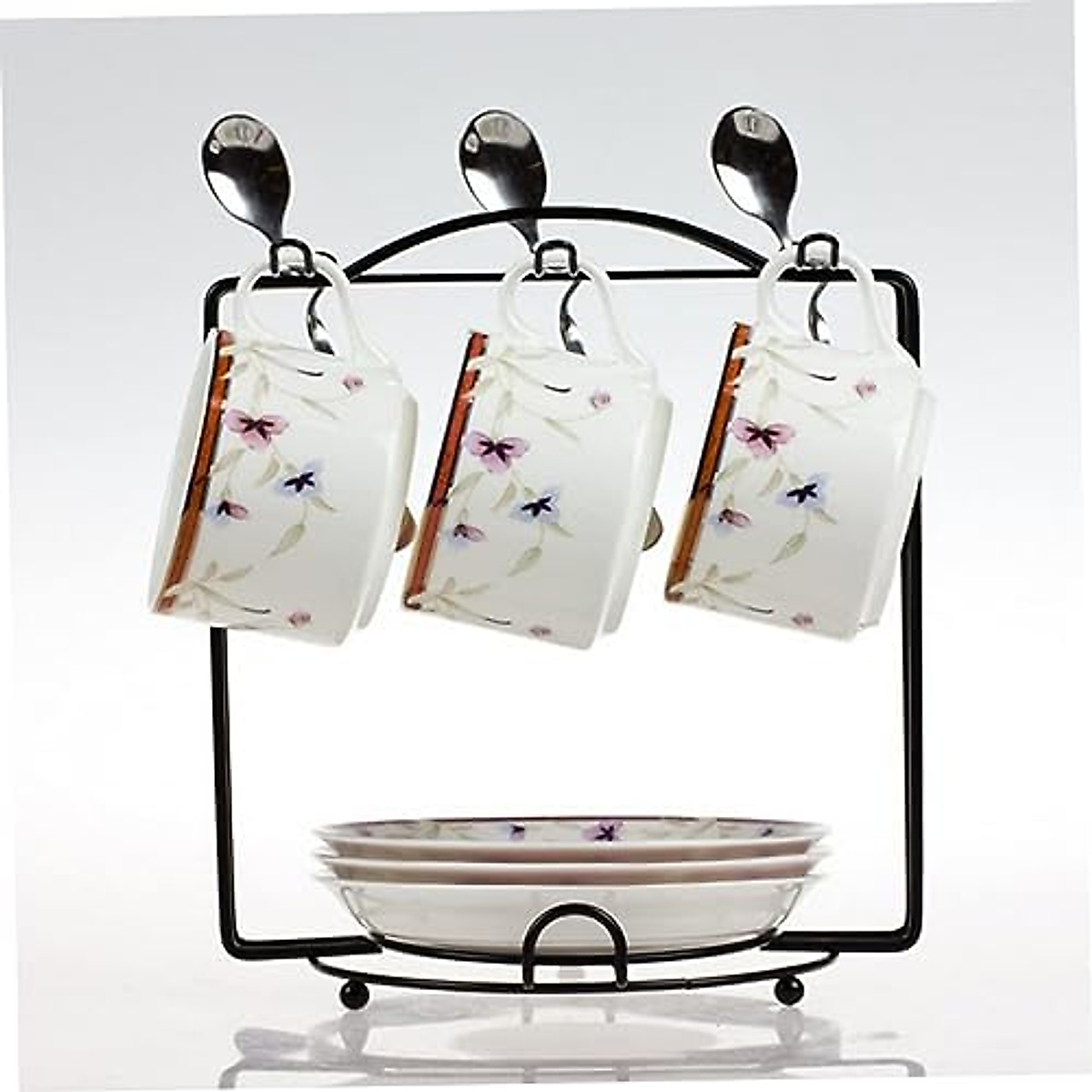 BUJIATANG 2 in 1 Tea Cup Holder Stand with Saucer Holder Stainless Steel Mug Tree Rack for 6 Mugs Metal Wire Coffee Cup Rack for Kitchen Black