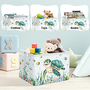 Clastyle 36L Fish Sea Turtle Baby Basket Ocean Coral Seaweed Starfish Toy Book Shelf Basket Waterproof Pool Toy Beach Towel Storage Bin Large Rectangle Collapsible Dirty Clothes Basket