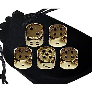 Cyber-Deals Set of (5) Solid Zinc Alloy Metal Polished Finish 16mm Dice, Rounded Corners with Black Velvet Cloth Pouch (Gold with Black Dots)