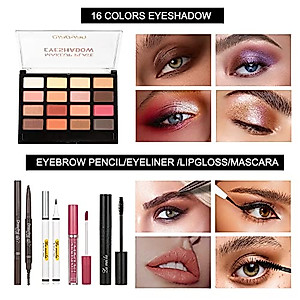 All in One Makeup Kit For Women Girls Teens 16 Colors Eyeshadow Palette Liquid Foundation Eyeliner Pencils Contouring Stick Lip Gloss Eyebrow Pencils Mascara Powder Puff 7Pcs Makeup Brushes Makeup Gift Sets