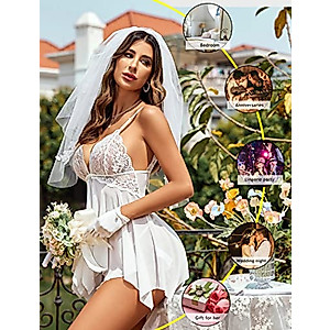 Avidlove Wedding Lingerie for Women Lace Babydoll Strap Chemise Sleepwear Honeymoon Nightwear White