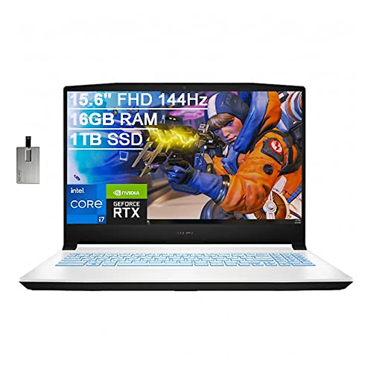 2022 MSI Sword Gaming 15.6" FHD 144Hz Laptop Computer, 11th Gen Intel Core i7-11800H, 16GB RAM, 1TB PCIe SSD, Backlit Keyboard, GeForce RTX 3050Ti, HD Webcam, Windows 10, White, 32GB SnowBell USB Card
