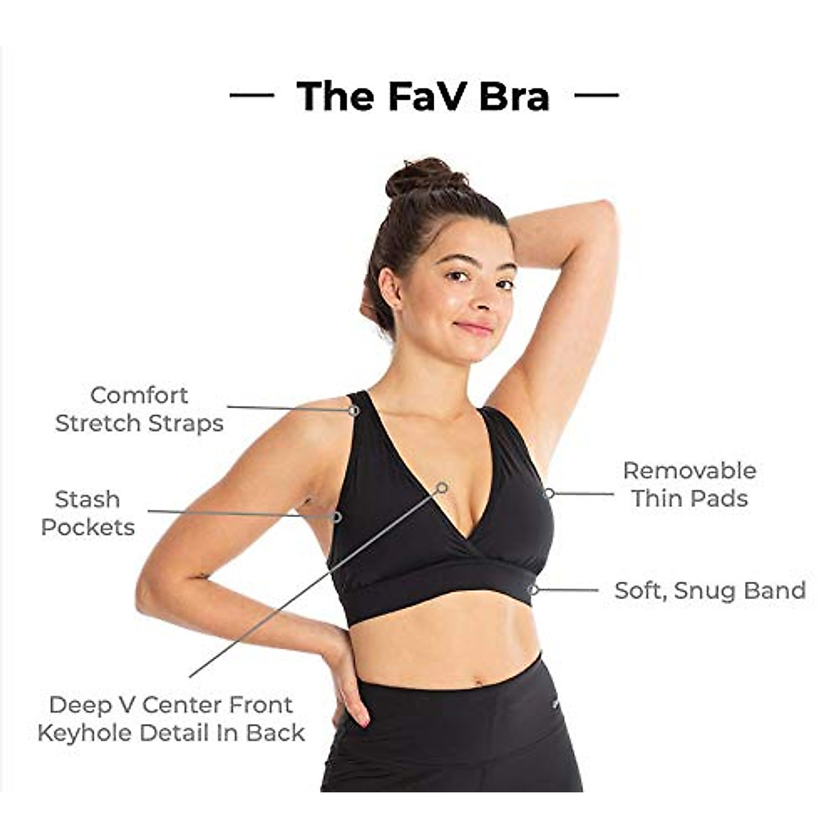 Handful The FaV Bra, Medium Support Sports Bra, Pockets, Removable Pads, Deep Plunge Neck Line, Booya Black, Small
