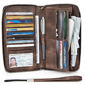 Telena Leather Wallets for Women Slim Zip Around Wristlet Clutch Purse Large Phone Holder Retro Coffee