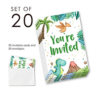 EUDOSI Dinosaur Birthday Party Invitations Supplies Fill-In Set of 20 with Envelopes Dino Theme Birthday Bash Invites Cards, Double Sided