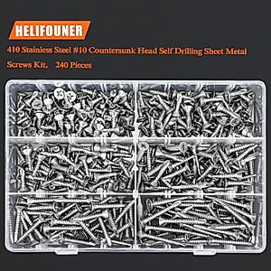 HELIFOUNER #10 x1/2", 5/8", 3/4", 1", 1-1/4", 1-1/2" Self Drilling Screws Sheet Metal Screws Assortment Kit, 410 Stainless Steel (#10 Countersunk Head)