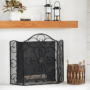 Deco 79 Metal Scroll Foldable Mesh Netting 3 Panel Fireplace Screen, 48" x 1" x 38", Brown