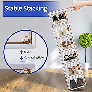 Closacessy 6 Pack Shoe Box Clear Platic Stackable Shoe Storage Containers, Drop Front Sneaker Storage Space Saving Shoe Organizer Box, Fit Up to Size 14 White
