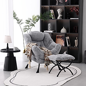 MBOOYOME Lazy Chair with Ottoman, Modern Soft Reading Chair Accent Contemporary Lounge Leisure Sofa Chair with Armrests and a Side Pocket for Living Room, Bedroom, Dorm & Office, Plush Grey