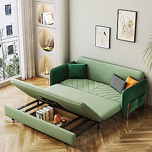 comfor u 79" King Sleeper Sofa Green Upholstered Convertible Sofa Bed 3 in 1 Sleeper Sofa Couch Bed, Small Tufted Velvet Convertible Loveseat Futon Sofa w/Pullout Bed, Multi-Pockets for Living Room
