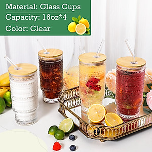 CWHHRN 16OZ Glass Cups with Lids and Straws, Vintage Embossed Glassware for Whiskey Cocktail Beer, Iced Coffee Cups with Lid, Glass Tumbler with Straw and Lid (2 PACK)
