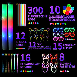 373 Pcs Glow in the dark party supplies For Adults Kids Glow Sticks neon party decorations with 10 LED Glasses 10 LED Cat & Rabbit Ear Headband 30 LED Bracelets & finger lights for Christmas Halloween