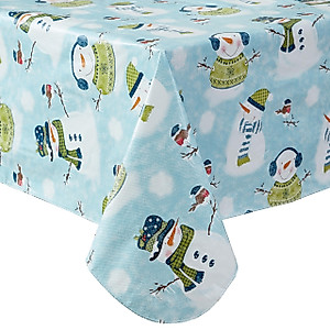 Newbridge Blue Snowy Snowman Print Flannel Back Vinyl Christmas Tablecloth - Cute Snowmen in Sweaters and Scarves Xmas Winter Holiday Wipe Clean Easy Care Tablecloth, 60” x 102” Oblong/Rectangle