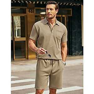 COOFANDY Men's Waffle Knit Polo Shirt and Shorts Set 2 Pieces Outfits Summer Suit Casual Tracksuit with Pockets