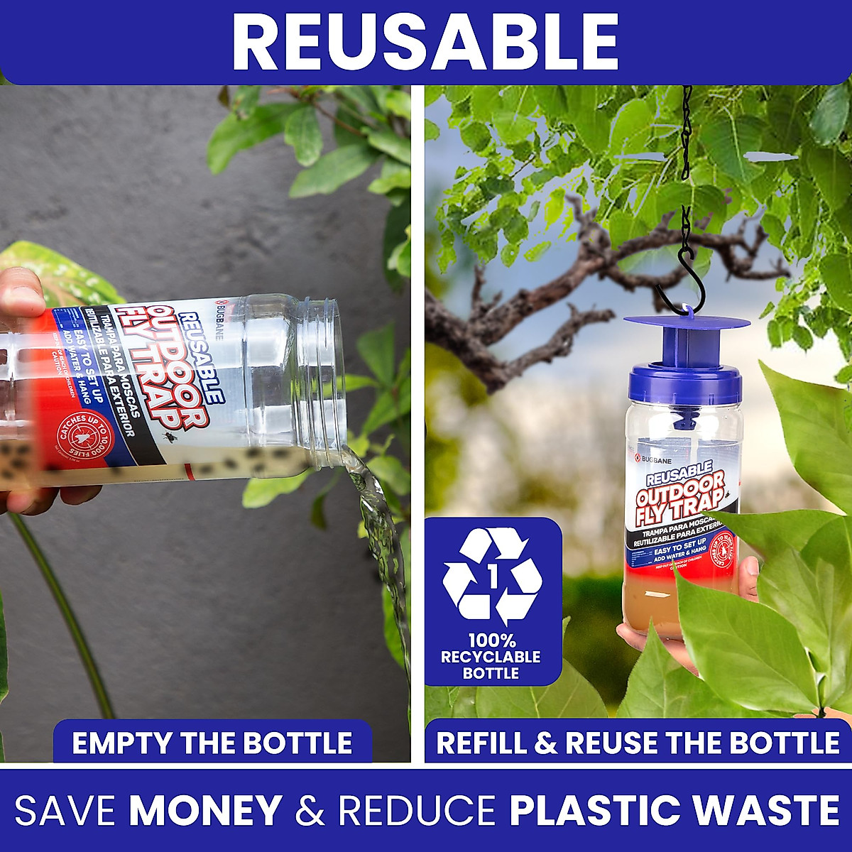 2 Reusable Fly Traps Outdoor Fly Traps with 4 Natural Fly Magnet Bait Refill. Flies Trap Outdoor Reusable Fly Trap Jar Fly Trap Fly Catchers Outdoor Fly Bait Fly Bags Flytraps Stable Fly Trap Bait