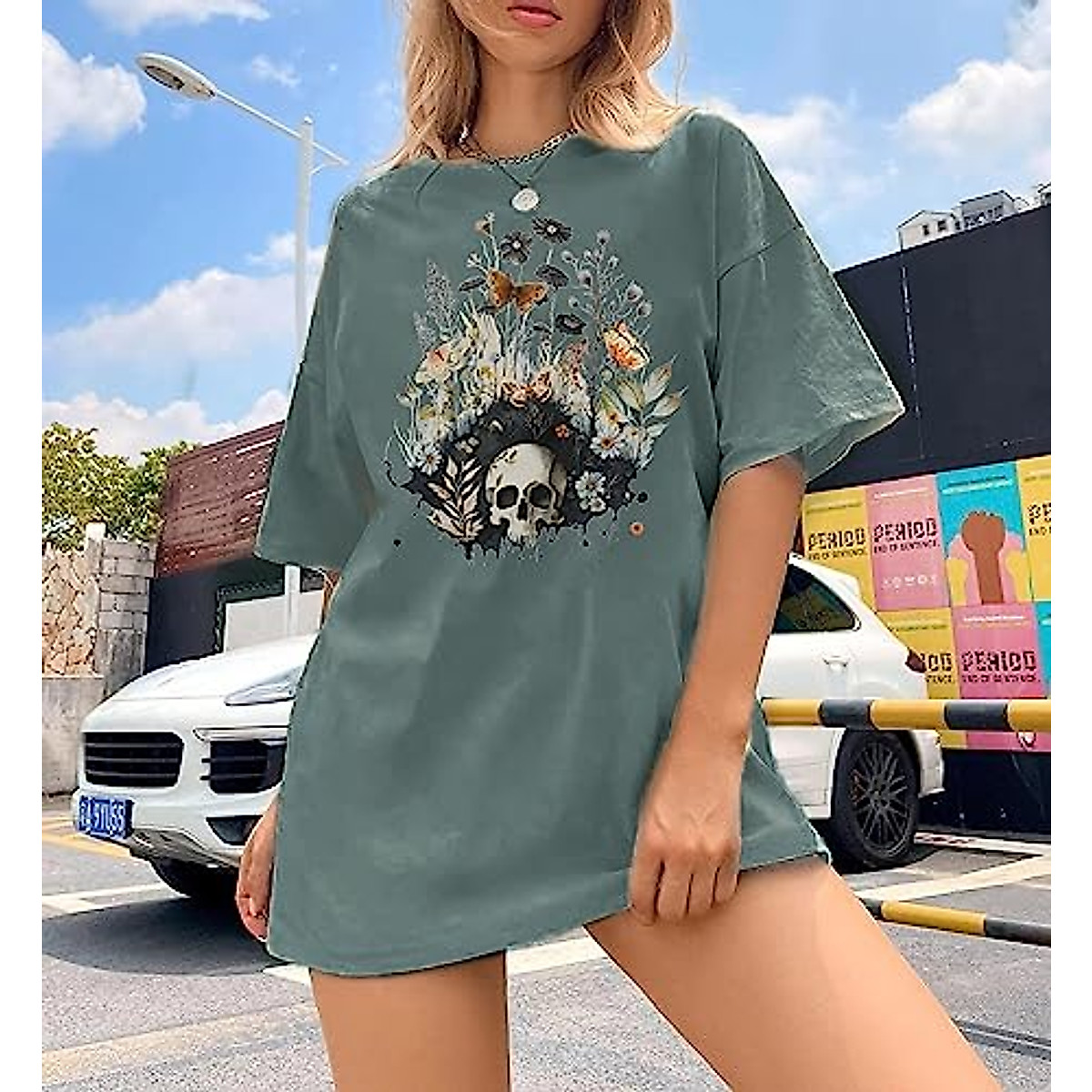 Women Oversized Skull Shirts Skeleton Floral Graphic Loose Tshirts Halloween Teen Girls Baggy Trendy Top