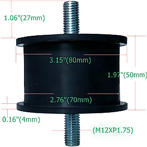 Large- Sized Rubber Cylindrical Vibration Isolator Mount with M12 Threads for Pump,Generator,Engine,Compressor, Motors,etc.