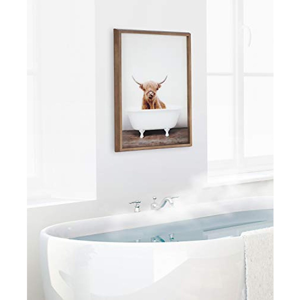 Kate and Laurel Blake Highland Cow in Tub Framed Printed Glass Art by Amy Peterson, 18x24 Dark Gold, Beautiful Modern Glass Wall Art for Home
