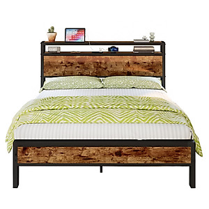 LUXOAK Queen Size Bed Frame, Platform Bed Frame with 2-Tier Storage Headboard and Charging Station/No Box Spring Needed/Noise Free/Industrial/Rustic Brown