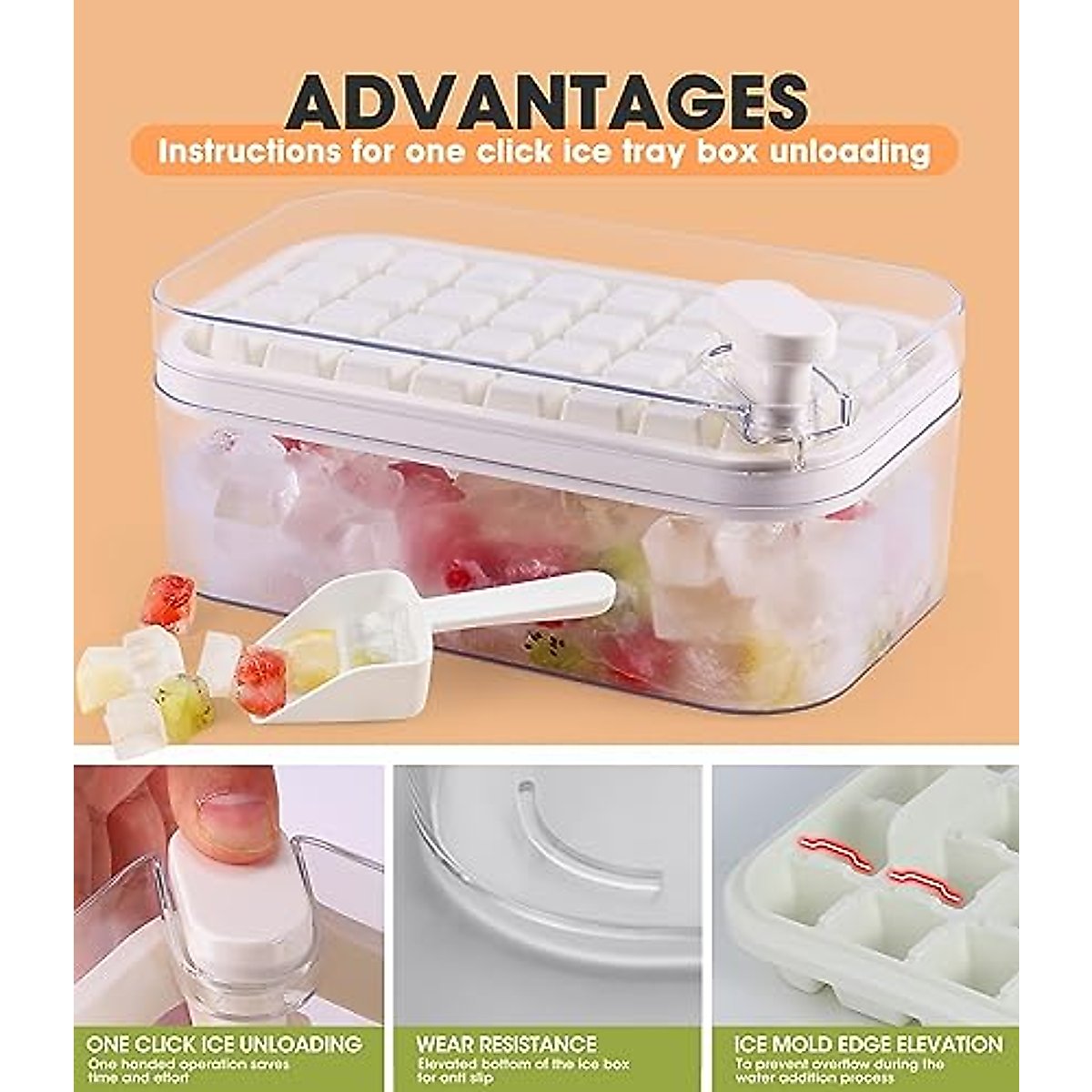 Ice Cube Trays with LId and Bin, Easy Release Ice Trays for Freezer, 2 Pack Ice Cube Molds, 64 Pcs Ice Cube Tray, Large Capacity Ice Tray Holder, Includes Ice Tong, Ice Spoon, for Whiskey, Cocktail.