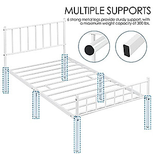 Topeakmart White Metal Twin Size Bed Frame with Headboard and Footboard, White Platform Bed Frame Twin, Heavy Duty Steel Salt Metal Bed Frame, No Box Spring Needed, Anti-Slip Metal Bed Frame, White