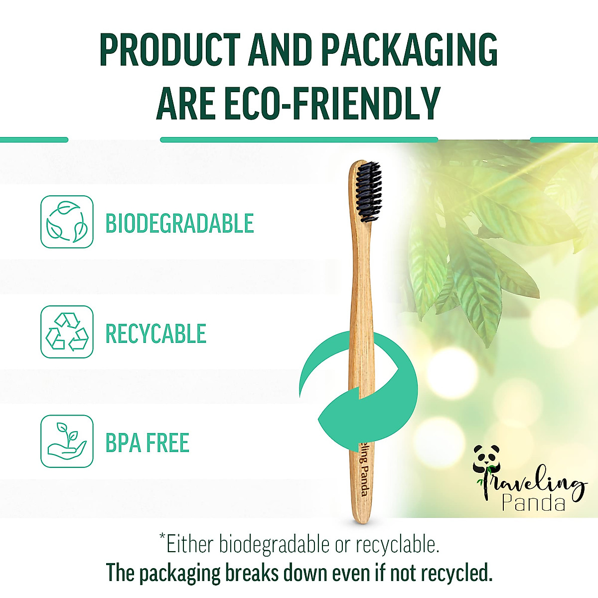 Traveling Panda Bamboo Toothbrushes Soft Bristles Charcoal Infused, Travel Toothbrush Kit, Essentials for on The Go Teeth Brushing, 10 Large Brushes