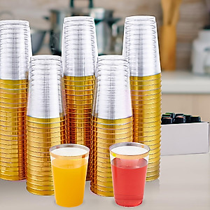 JOLLY CHEF 100 Pack Gold Plastic Cups, 12 oz Clear Plastic Cups Tumblers, Elegant Gold Rimmed Plastic Cups, Disposable Cups with Gold Rim Perfect for Wedding, Thanksgiving Day, Christmas Party Cups
