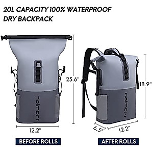 Haimont Dry Bag Waterproof Backpack, Heavy Duty Roll Top Dry Backpack for Men Women SUP, Floating, Sailing, Surfing, 20L, Dark Grey/Light Grey