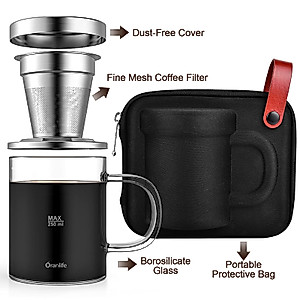 Oranlife Pour Over Coffee Maker Set for Travel/Camping/Hiking, Single Cup, Stainless Steel Coffee Filter, 14 Oz Borosilicate Glass Mug, Extra Permanent Lid and Moulded Neoprene Case, at Home/Office
