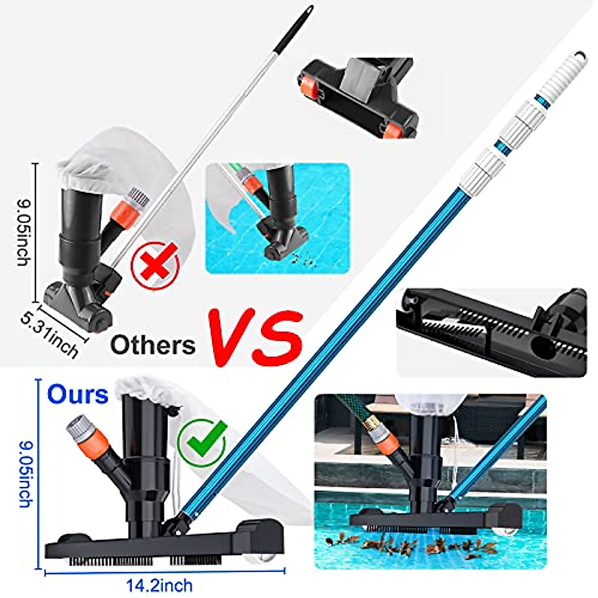 CKE Upgraded 14" Wide Portable Pool Spa Jet Vacuum Cleaner Head w/ Scrub Brushes, Leaf Bag and EZ Clip for for Above Ground Pools, Spas, Ponds, Inflatable Pools, Jacuzzi Tub-Attaches to Garden Hose