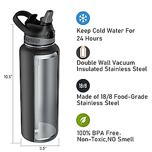 ICEWATER - 40 oz Insulated Water Bottle With Auto Straw Lid and Carry Handle, Leakproof Lockable Lid with Soft Silicone Spout, One-hand Operation, Vacuum Stainless Steel, BPA-Free (40 oz, Black)