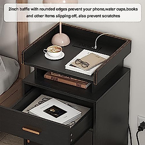 Tcpuolr Nightstand with Charging Station & Cabinet Storage, Led Night Stand with Drawer & Open Shelf, Bedside Table with Top Baffle, End Table for Bedroom, Living Room, Black