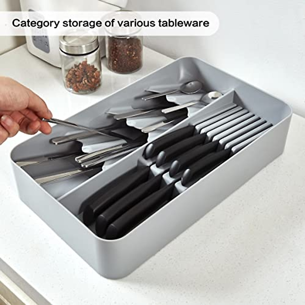 RYOOJNM Kitchen Silverware Organizer,Expandable Double Layer Knife Drawer Organizer,Compact Utensil Organizer for Partition kitchen Gadgets - Holds 9 Knives/24 Forks