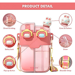 HiGropcore Kawaii Water Bottle Cute Water Bottles with Straw, Double Chamber Water Bottle with Adjustable Strap and Kawaii 3D Stickers, Portable Leakproof Water Jug, 26oz