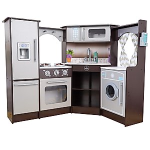 KidKraft Ultimate Corner Wooden Play Kitchen with Lights & Sounds, Play Phone and Curtains, Espresso, Gift for Ages 3+