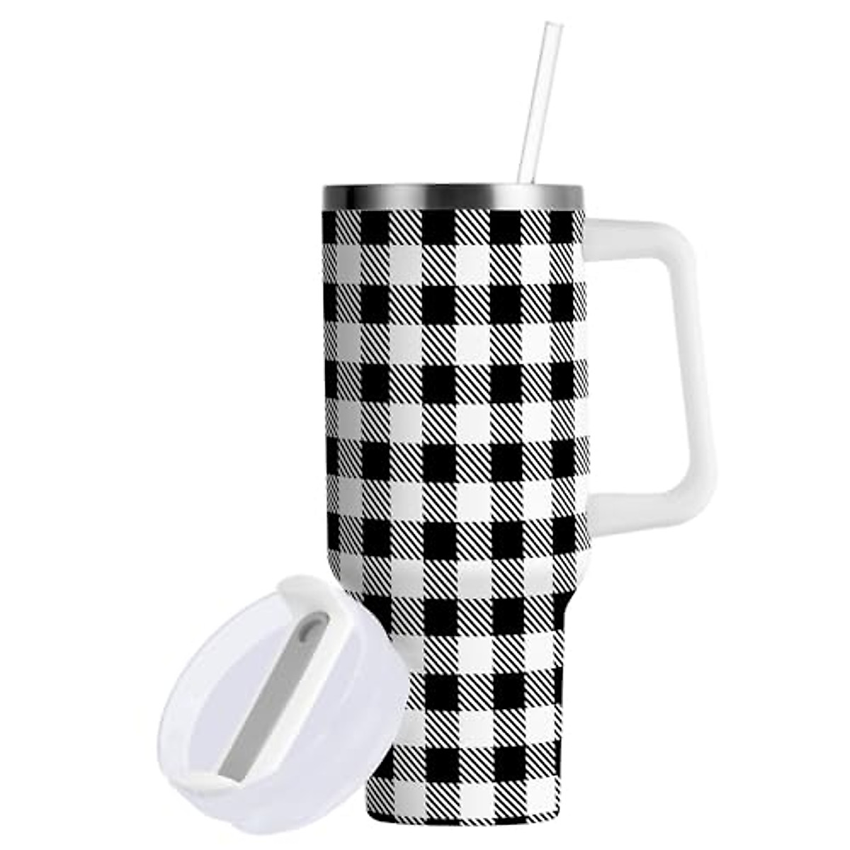 MCHIVER Black White Buffalo Plaid Tumbler with Lid and Straw 40 oz Insulated Water Bottle Leakproof Tumblers for Smoothie Coffee Water