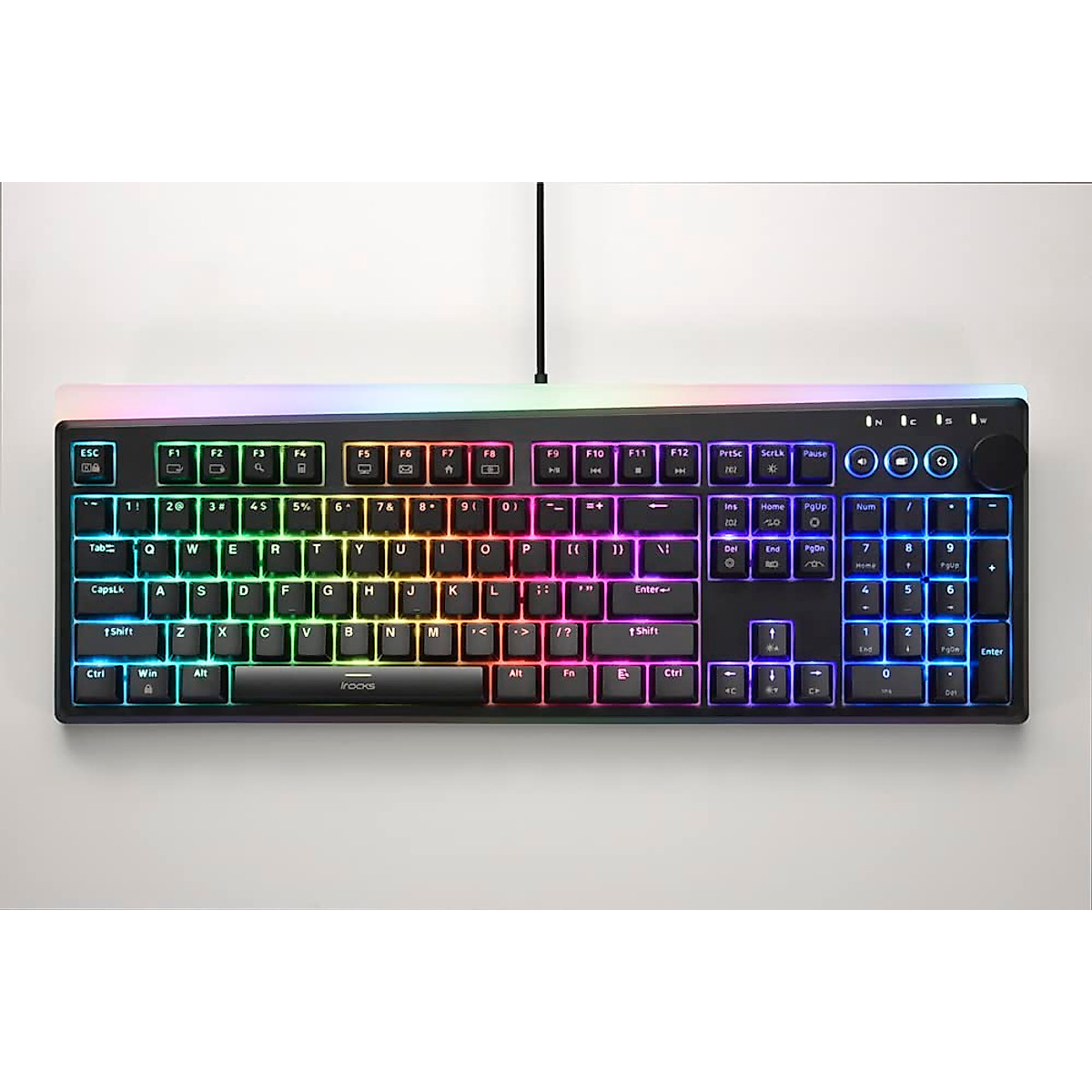 i-rocks K71M RGB Mechanical Gaming Keyboard with Media Control Knob, Gateron Switches (Brown), 107 Keys w/Full NKRO, PBT Keycaps, Multimedia Hotkeys, Detachable USB-C Cable and Onboard Storage, Black