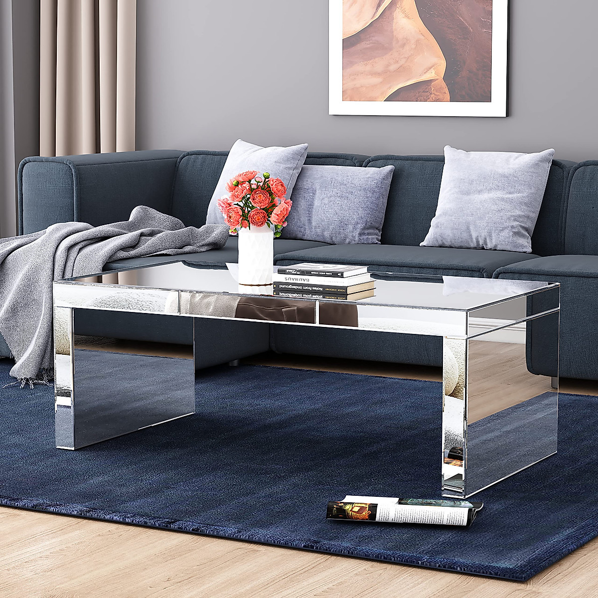 Silver Coffee Table with All Mirrored Finished, Modern Contemporary Accent Side or Coffee Table for Living Room