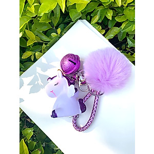 Tonsamvo Cute Pom Pom Keychian with Fur Ball Small Bell Keyring for Women Bag Purse Car Decoration (Purple-M-Bells)